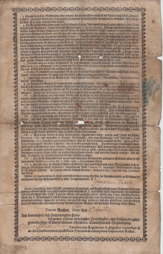 Ablassbrief – Aachen – 1751 : Geschichtsdokumente.de