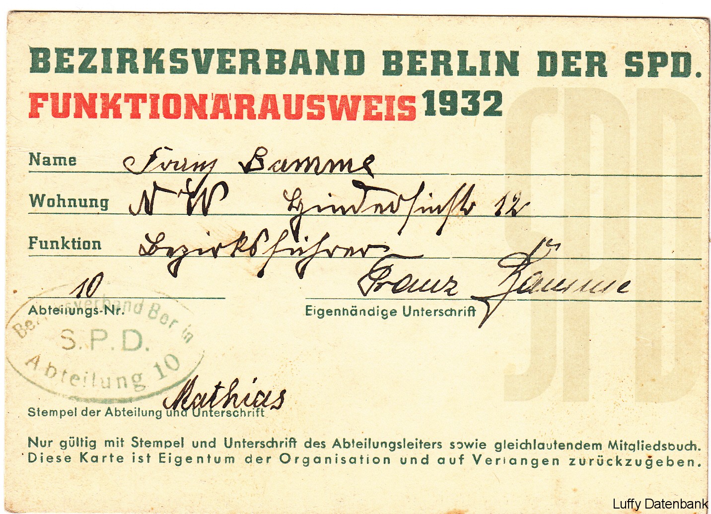 SPD – Funktionaersausweis – Berlin – 1932 : Geschichtsdokumente.de