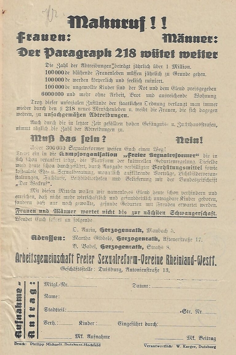 Flugblatt – Mahnruf !! Der Paragraph 218 wuetet weiter – Herzogenrath – 1932 ...
