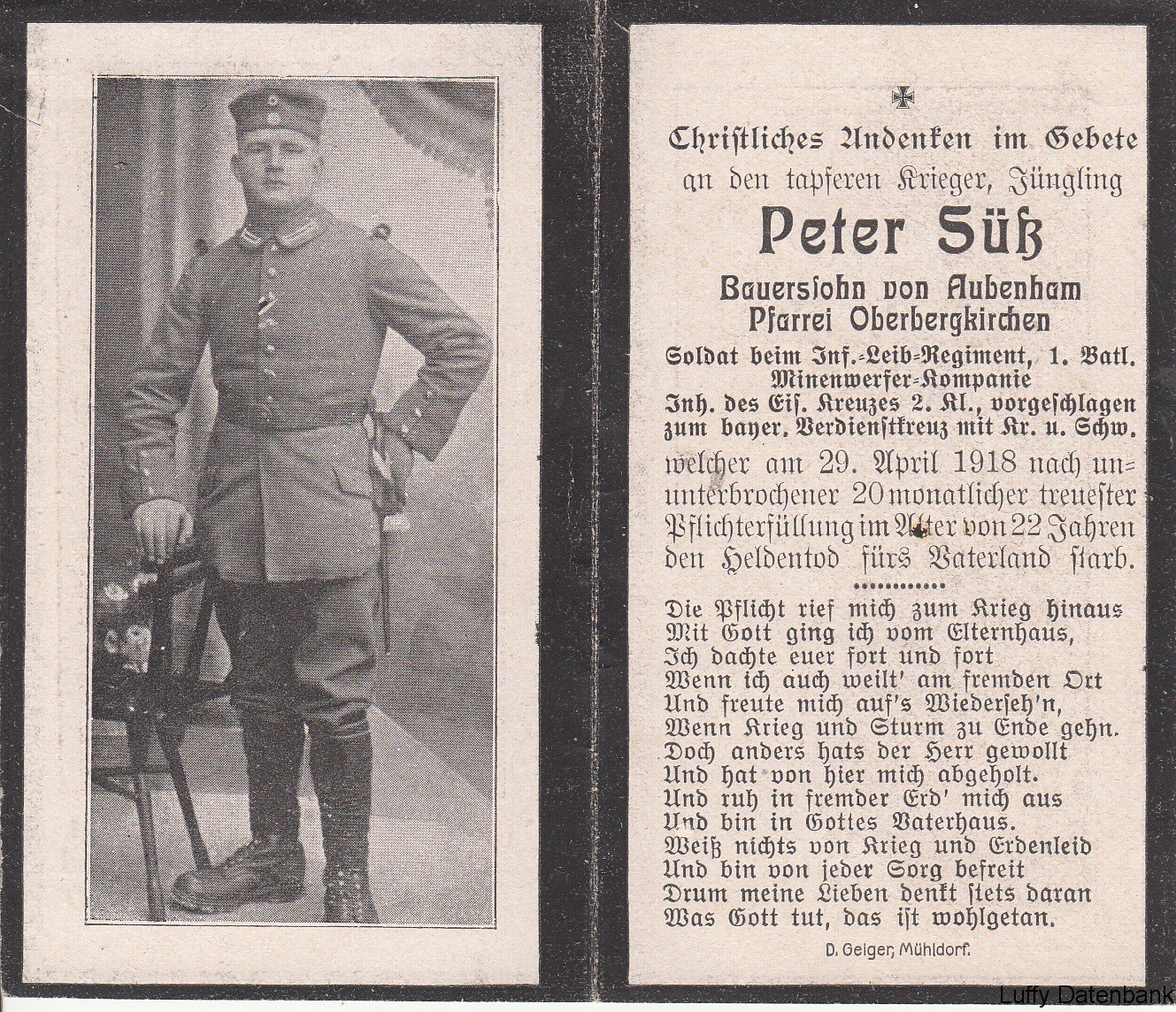 Totenzettel – Peter Suess -Aubenham – 1918 : Geschichtsdokumente.de