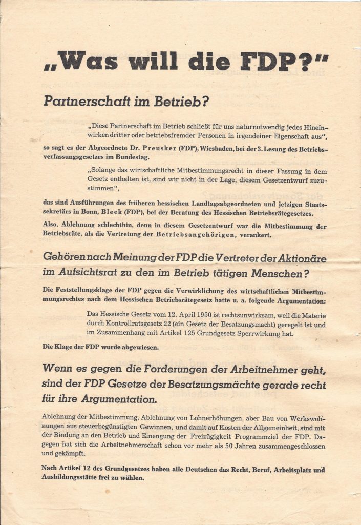 Flugblatt – Was will die FDP?“ – DGB Hessen – 1953 : Geschichtsdokumente.de
